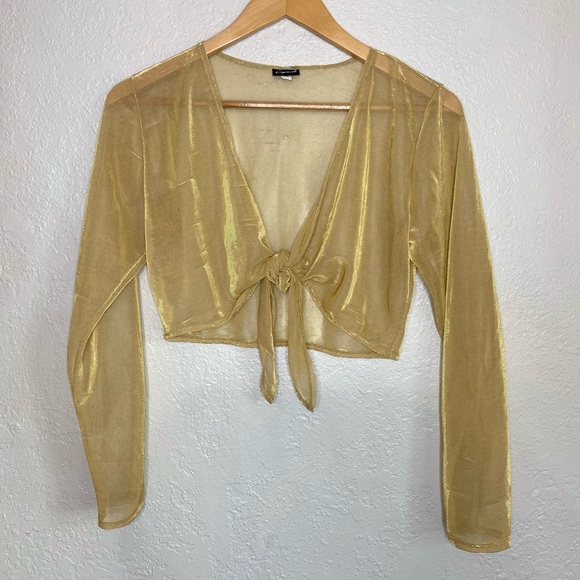 Cejon | Tops | Cejon Tie Front Shear Gold Cardigan Long Sleeve | Poshmark